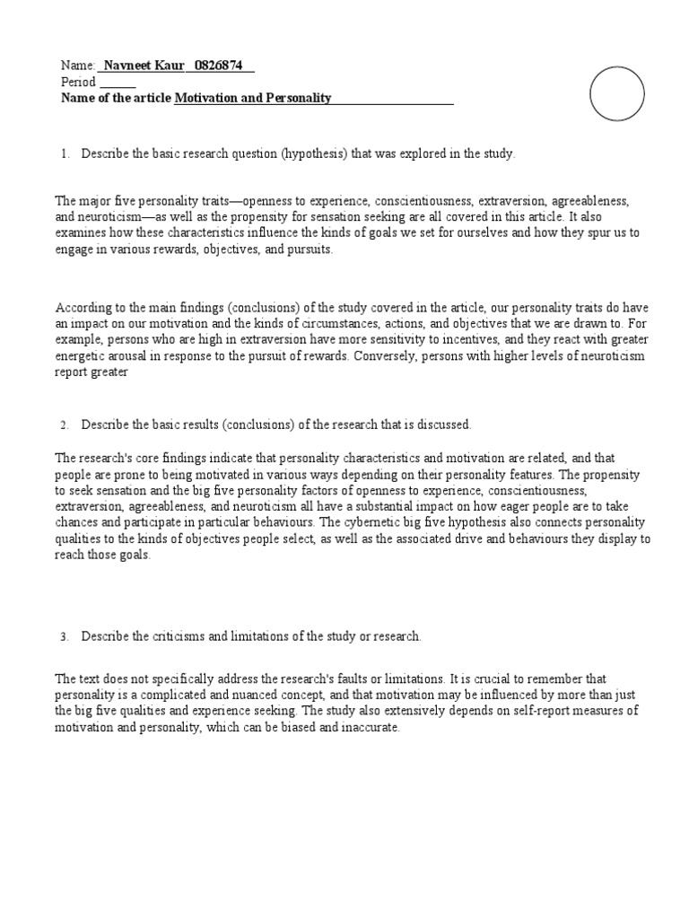 Motivation and Personality Assignment | PDF | Extraversion And Introversion | Motivational