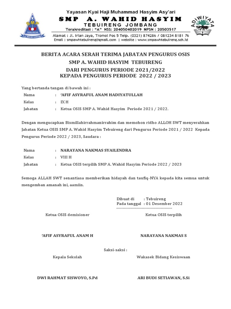 (Berita Acara Serah Terima) OSIS 2018-2019 | PDF