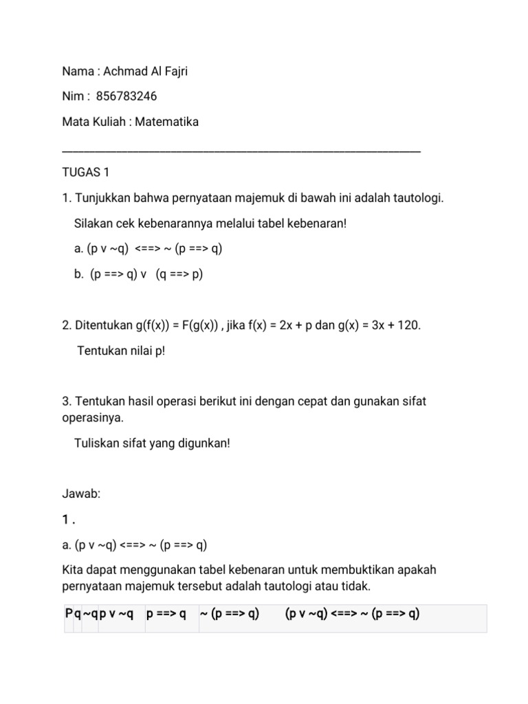 TUGAS 1 - Matematika | PDF