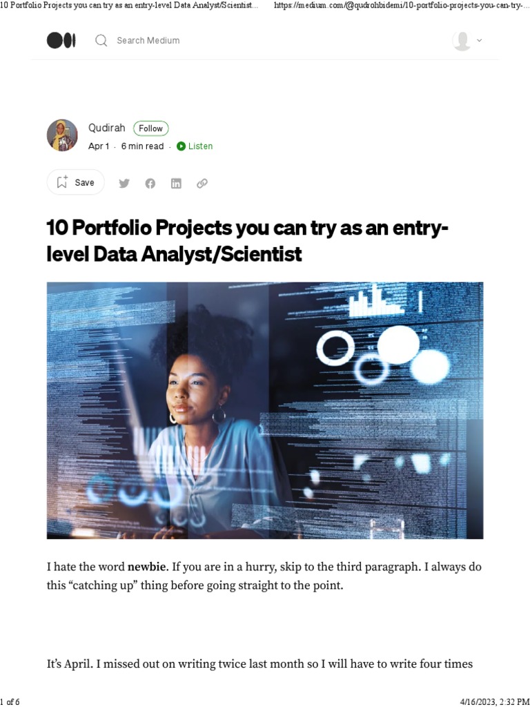 10 Portfolio Projects you can try as an entry-level Data Analyst_Scientist by Qudirah Apr, 2023 ...