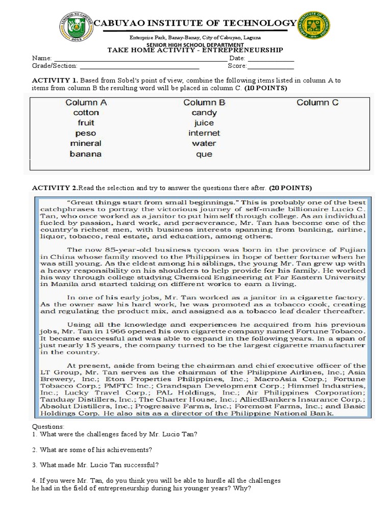 Entrepreneurship Activity | PDF | Entrepreneurship | Business