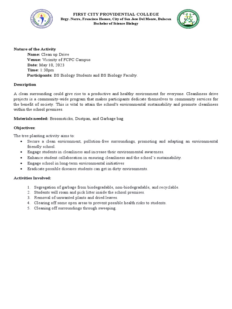 Activity Proposal Clean Up Drive | PDF