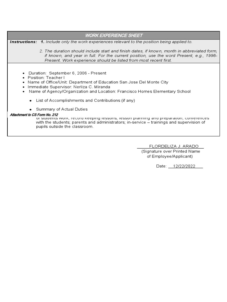 CS Form No 212 Work Experience Sheet LIZA | PDF