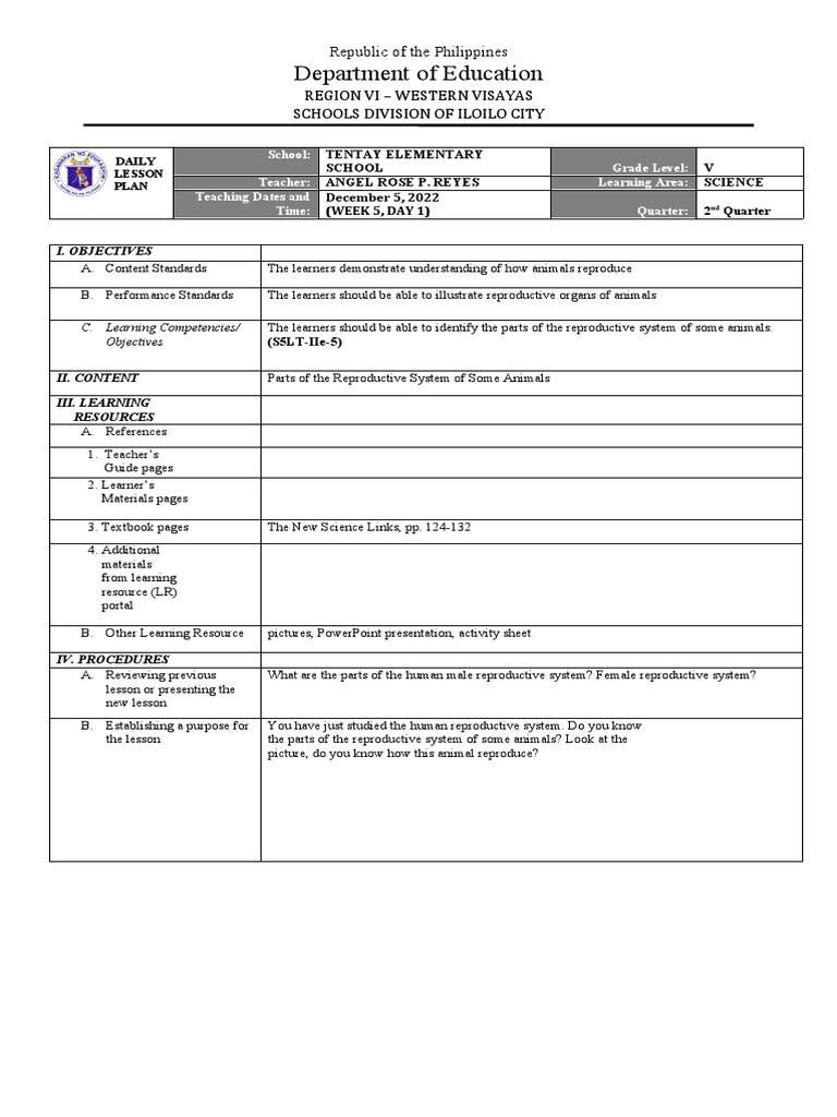 Lesson Plan Science 5 Week 5 Day 1 Pdf Learning Teachers