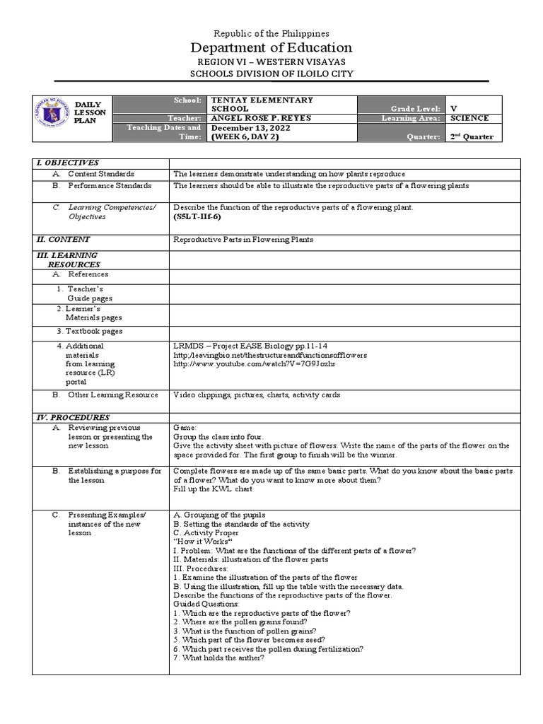 Lesson Plan SCIENCE 5 (WEEK 6, DAY 2) | PDF | Flowers | Behavior ...