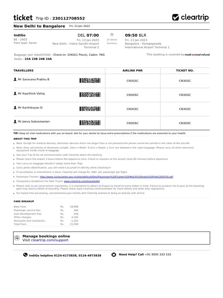 Cleartrip Flight Domestic E-Ticket | Download Free PDF | Transport ...