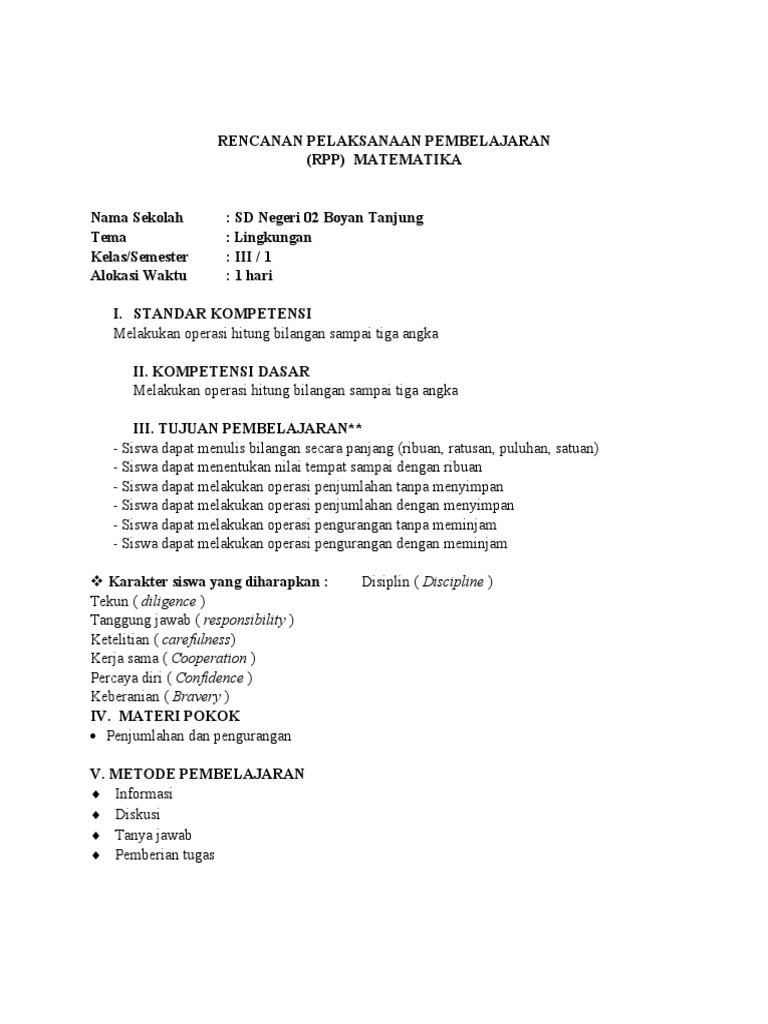 RPP Matematika Kelas 3 SD | PDF