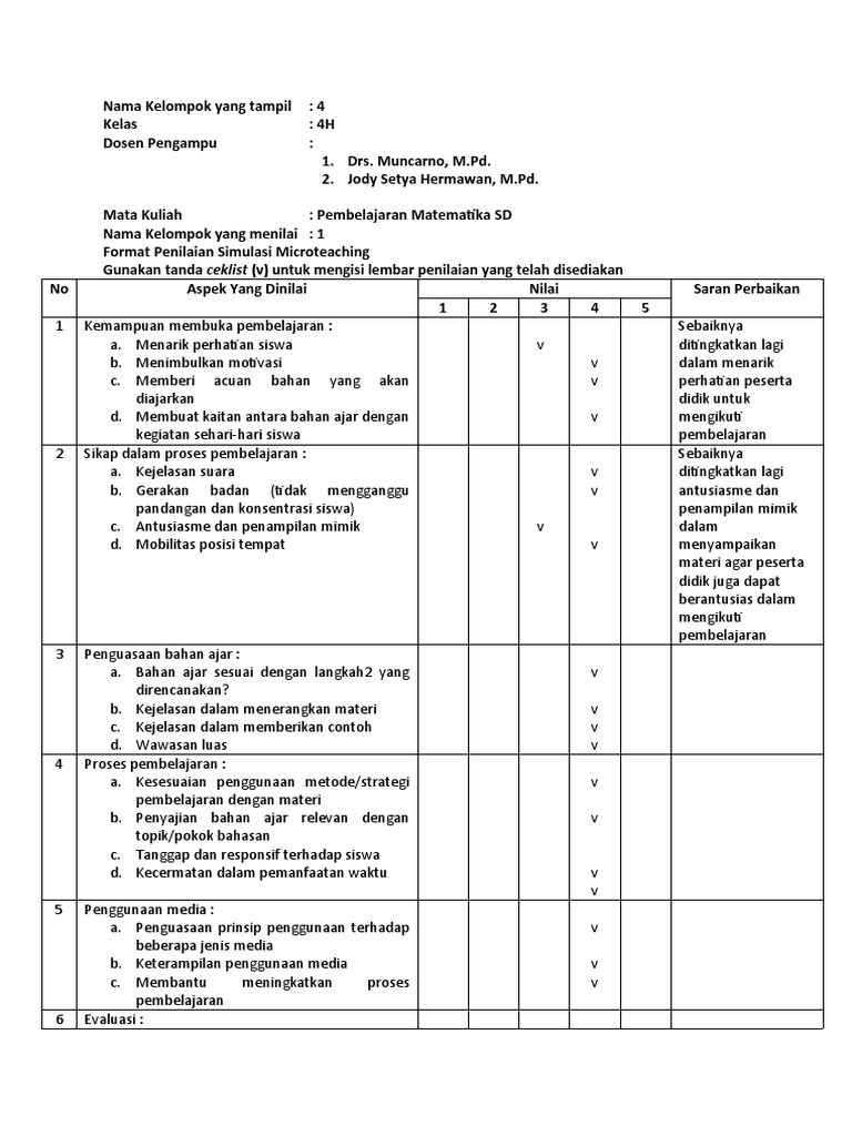 Format Penilaian Simulasi Microteaching Kelompok 4-7 | PDF