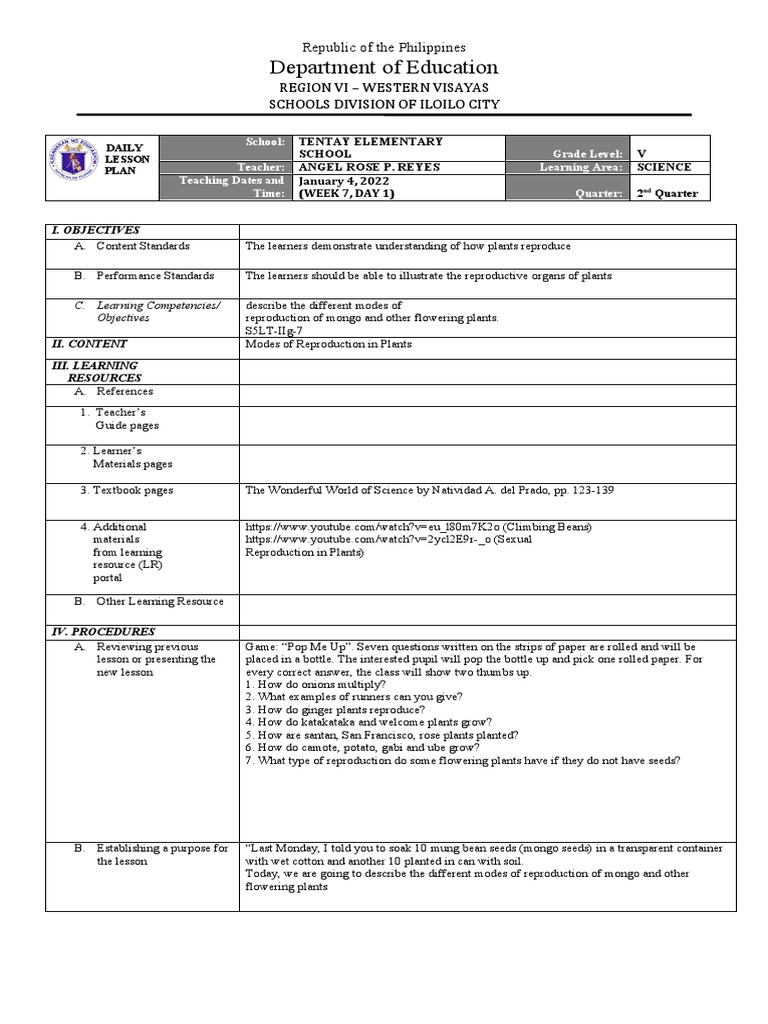 Lesson Plan SCIENCE 5 (WEEK 7, DAY 1) | PDF | Flowers | Seed