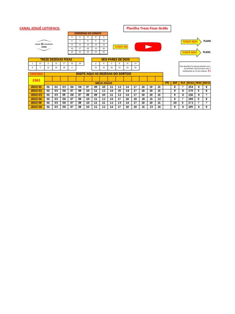 Fechamento 25 Dezenas em Seis Jogos 13 Fixas | PDF