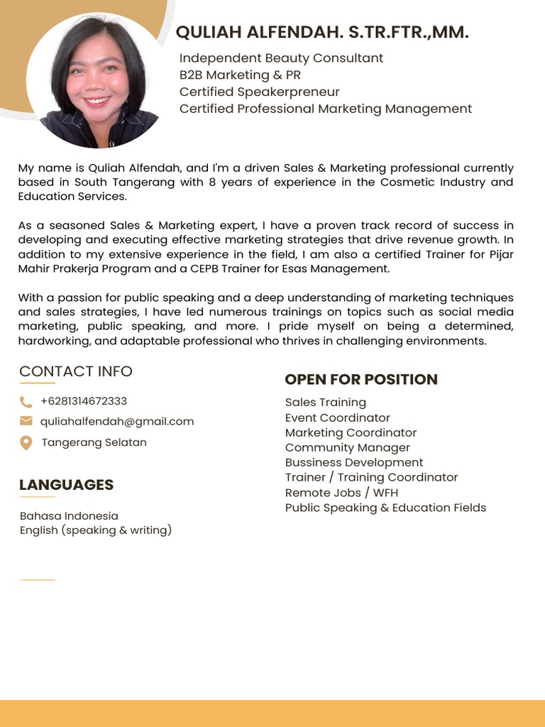 CV Quliah Alfendah Compressed - Compressed | PDF | Sales | Marketing