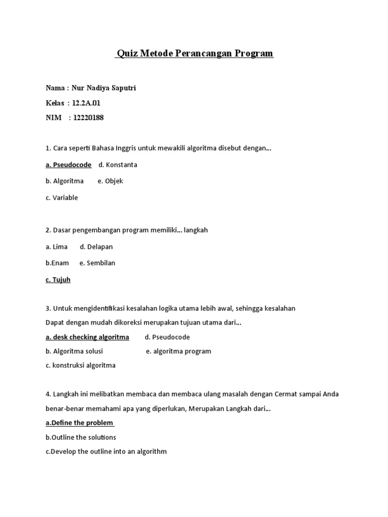 Quiz Metode Perancangan Program | PDF