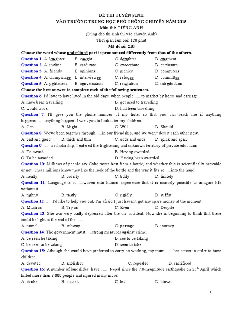 De Thi Chuyen Anh Su Pham 2015 - HS | Download Free PDF | Teachers ...