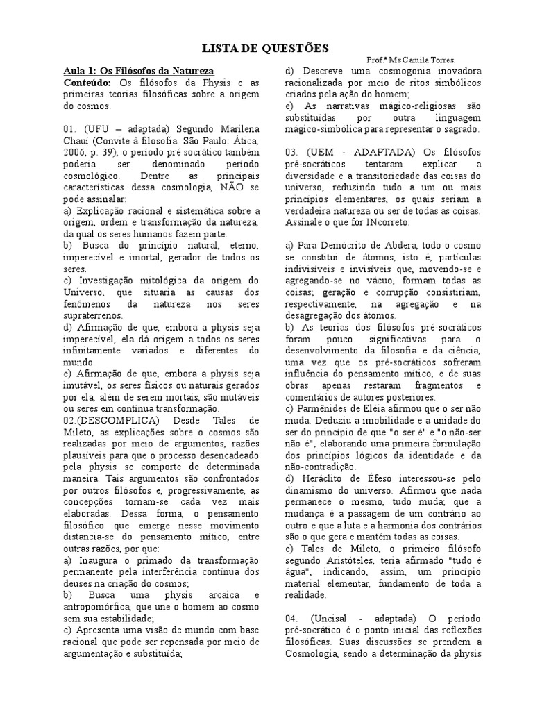 Lista de Questões - Filosófos Da Natureza | PDF | Pensamento | Ontologia