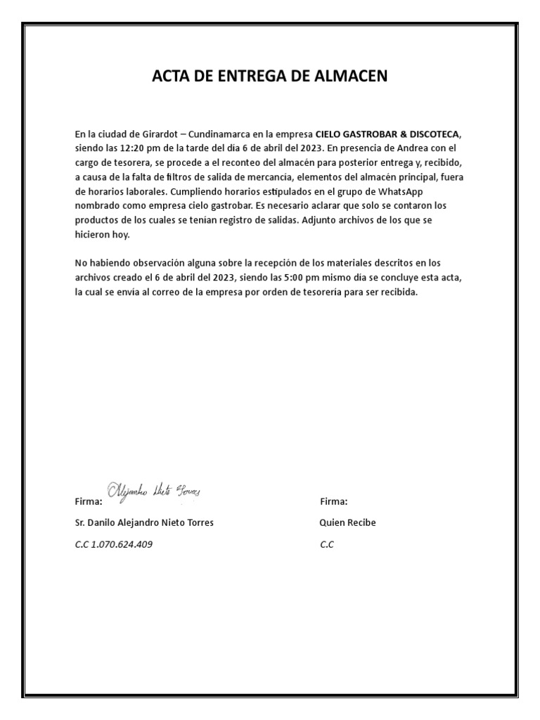 Acta de Entrega de Almacen | PDF