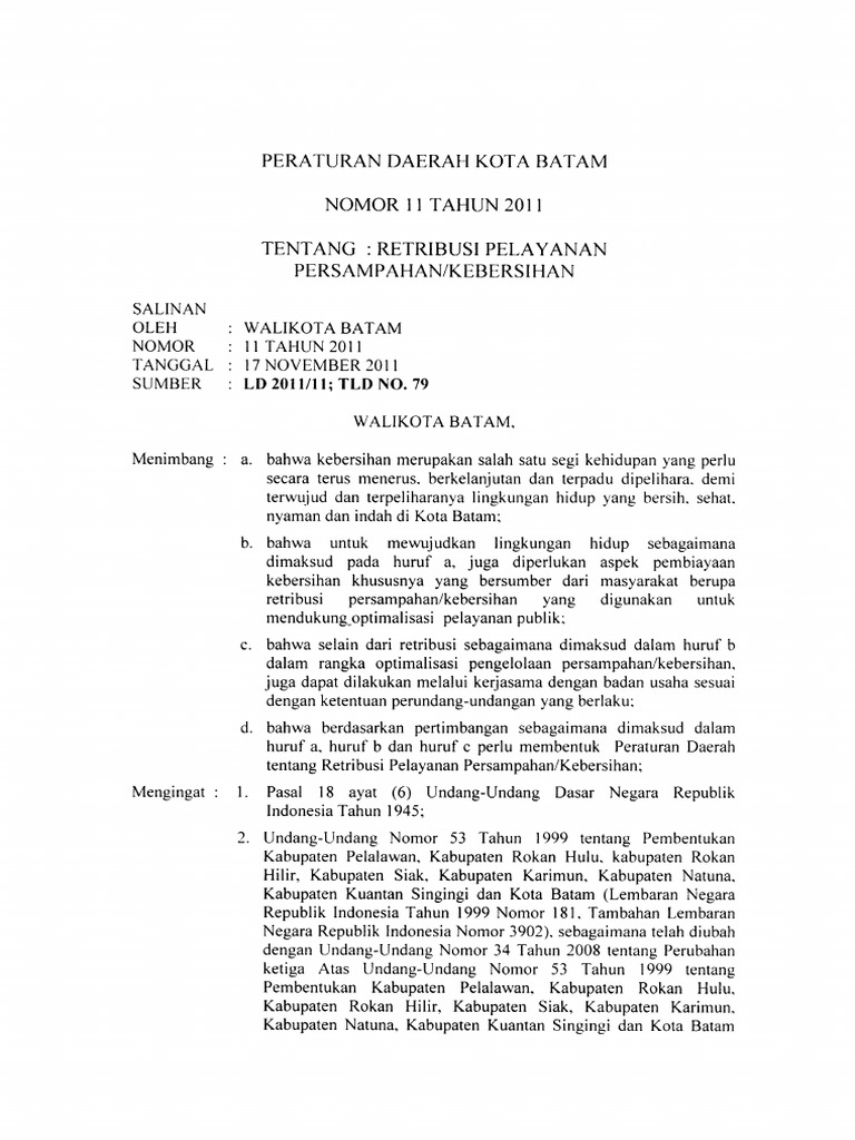 Retribusi - Perda 11 TH 2011 Tarif Persampahan | PDF