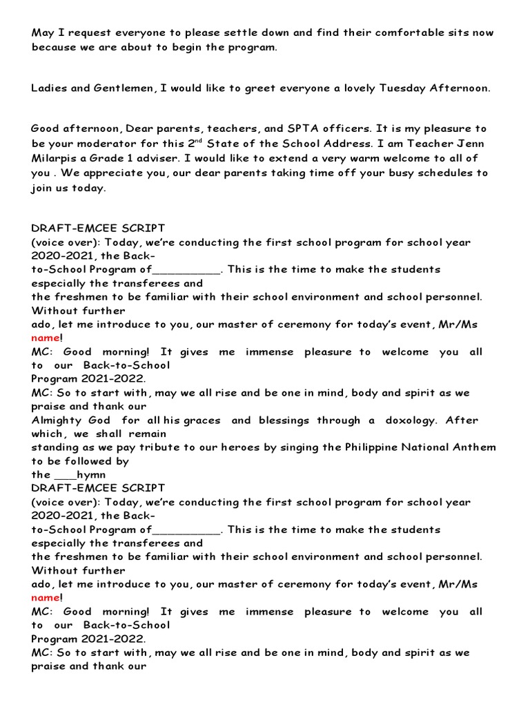 Back-to-School Program Emcee Script | PDF | Career & Growth | Wellness