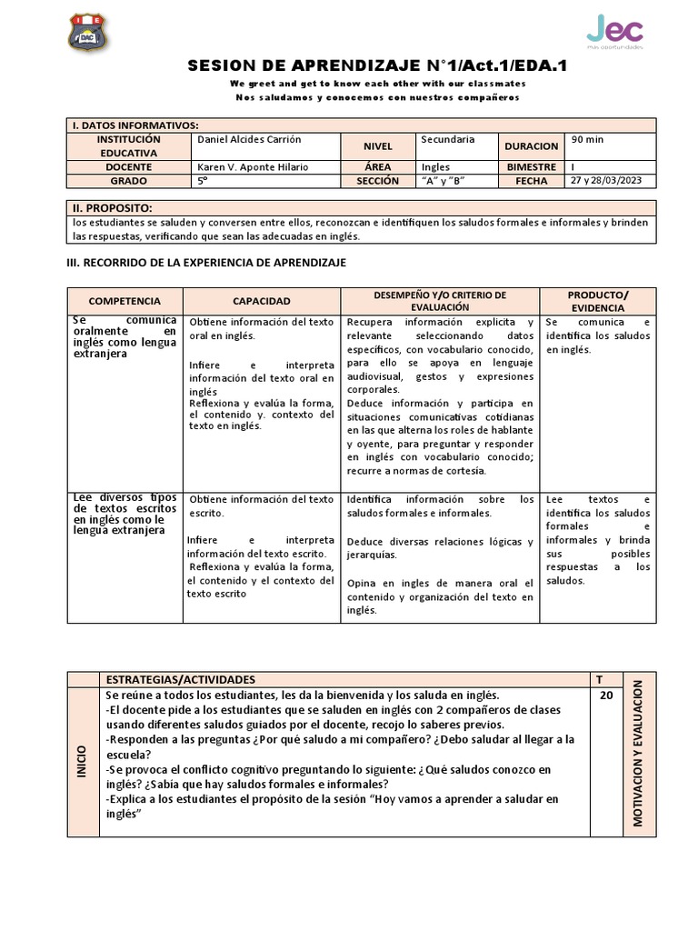 Sesion de Aprendizaje 01 - 5 Grado | PDF