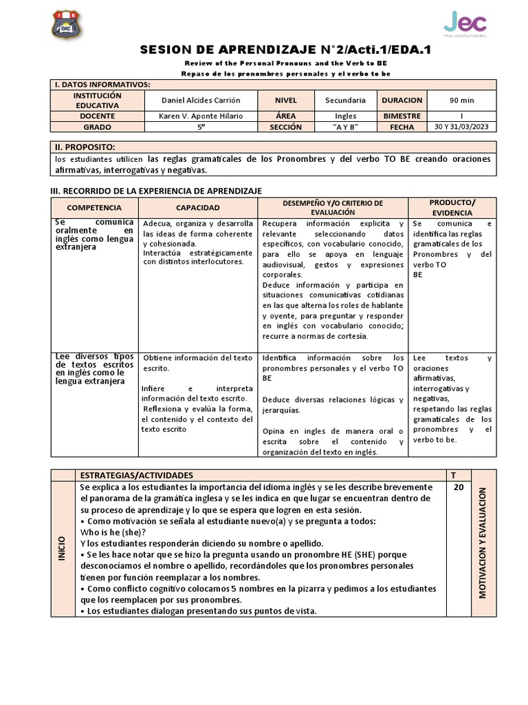 Sesion de Aprendizaje 2 - 5° - Act 1 - Eda 1 | PDF | Verbo | Gramática