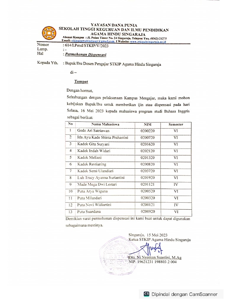 Surat Dispensasi Mahasiswa | PDF