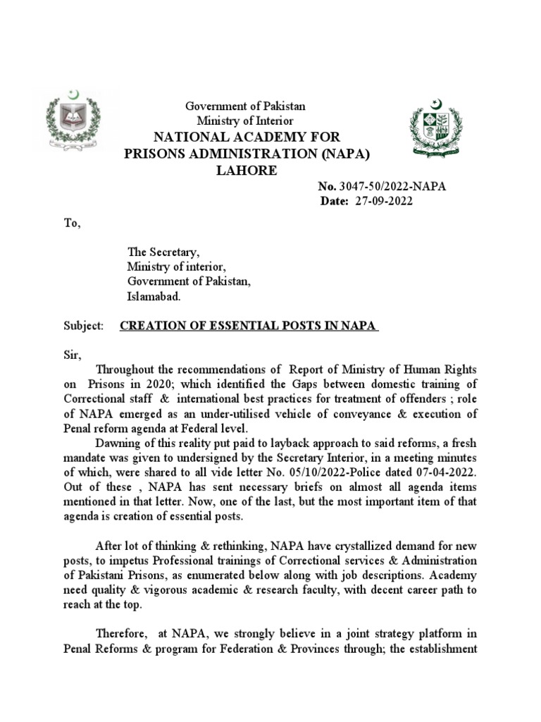 Justification of Creation of Posts DS-19 - 27-09 22 | PDF | Prison ...