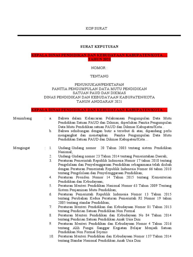 Draft SK Panitia Dan Verifikator Daerah Pemetaan Mutu 2021 | PDF | Bisnis