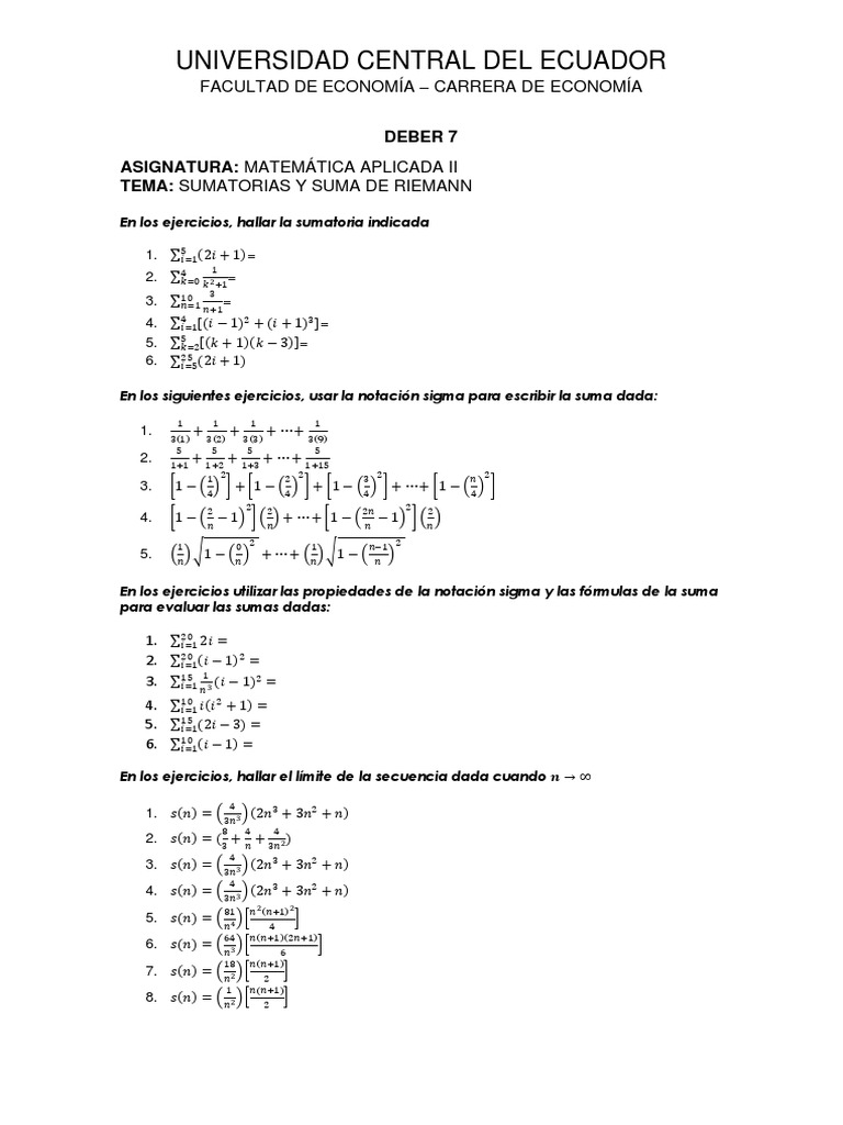 Deber 7 (Sumatorias) | PDF | Suma | Objetos matemáticos