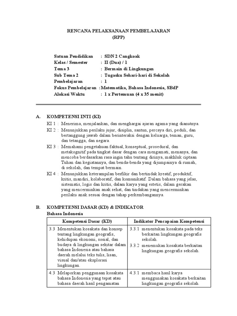 RPP - Kelas - 2 Tema - 3 Subtema - 2 - Pembelajara | PDF