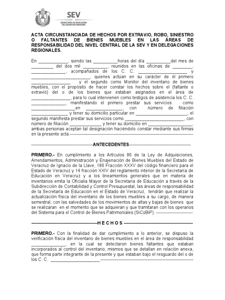 FORMATO ACTA CIRCUNSTANCIADA DE HECHOS POR EXTRAVIO, ROBO O FALTANTE DE ...