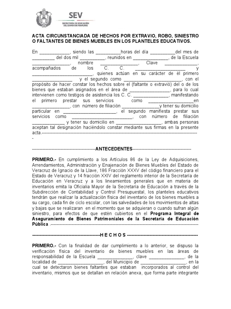 Formato Acta Circuntanciada de Hechos Por Extravio, Robo o Faltante de Bienes en Planteles ...
