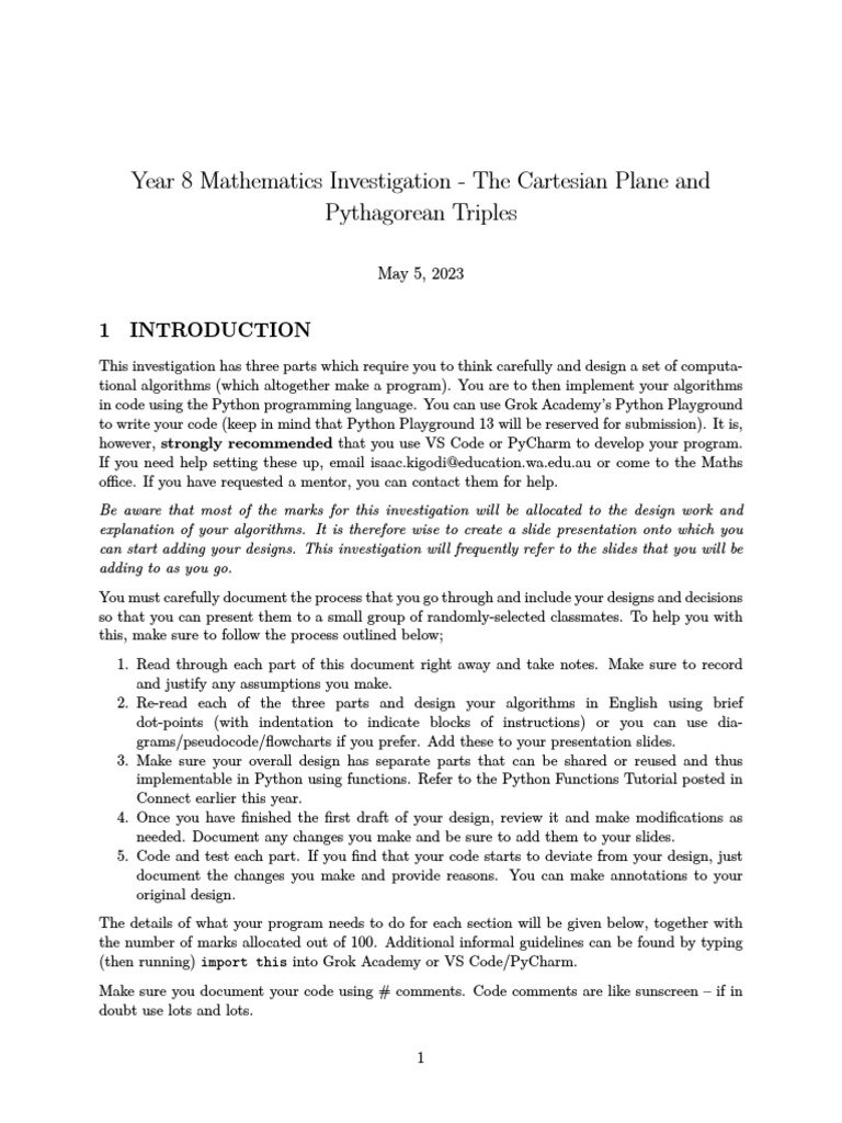 Year 8 Mathematics Investigation - The Cartesian Plane and Pythagorean ...