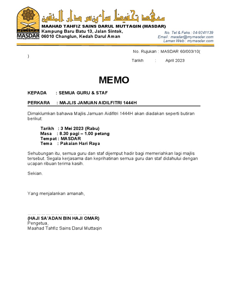 Memo - Jamuan Aidilfitri 2023 | PDF