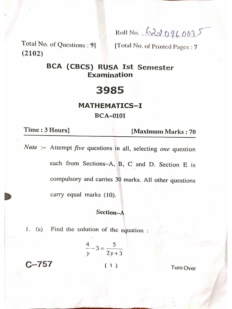 Bca Math Question Papers 2022 (3) | PDF