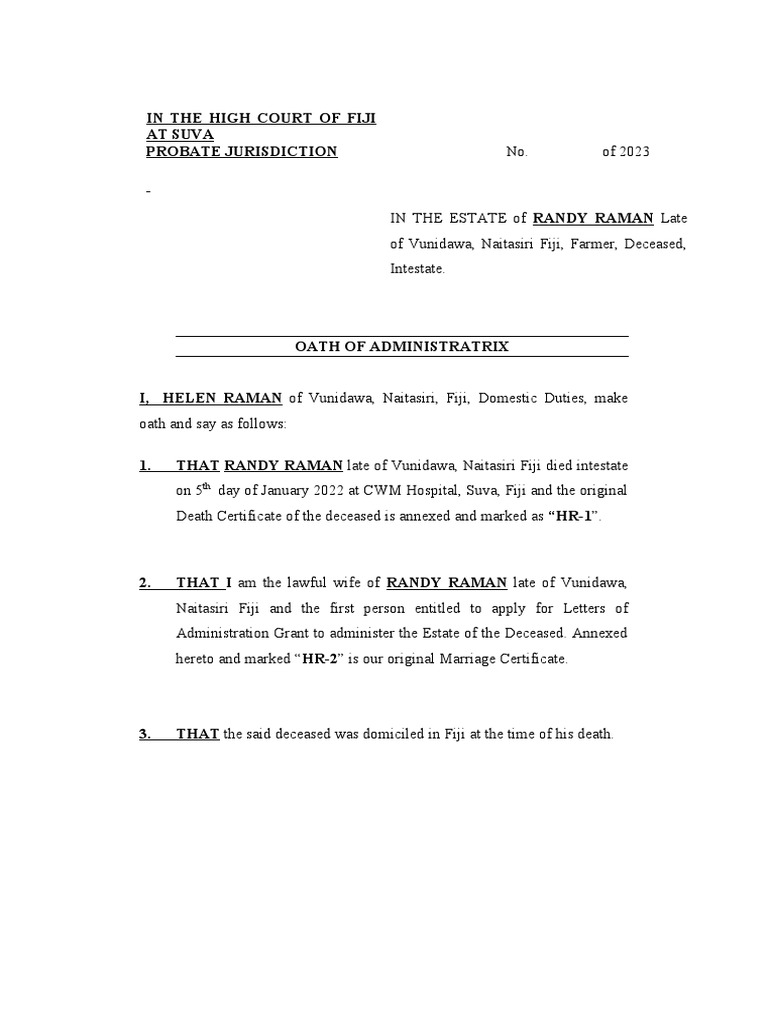 Oath of Administratrix for Randy Raman Estate | PDF | Probate | Document