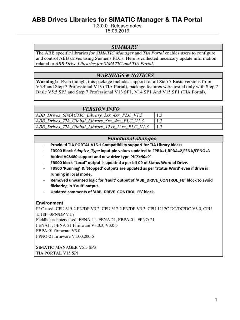 ABB Drives Libraries Release Notes 1.3.0.0 | PDF | Parameter (Computer ...