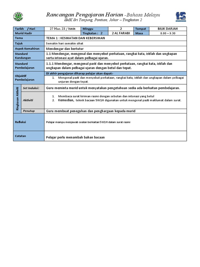 RPH BM Tingkatan 2 Af 27 Mac 2023 Isnin | PDF