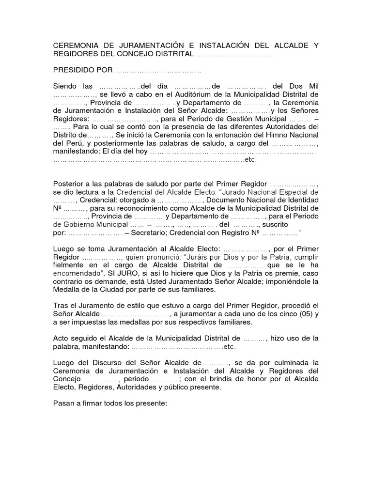 Modelo Acta De Ceremonia De JuramentaciÓn E InstalaciÓn Del Alcalde Y