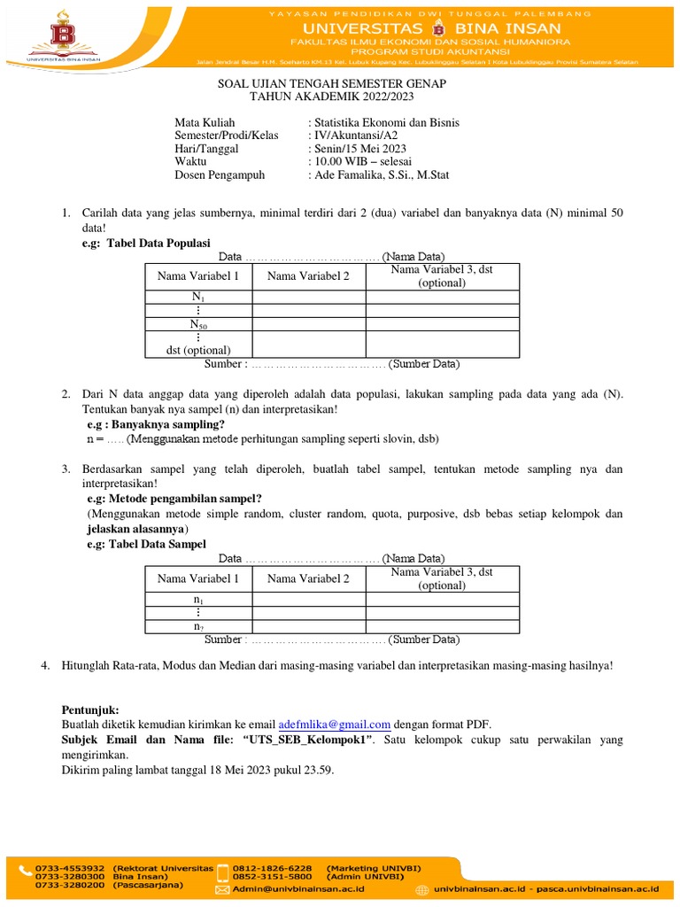 Soal Uts Statistika Ekonomi Dan Bisnis Akt A2 2023 | PDF Soal Uts Statistika Ekonomi Dan Bisnis Akt A2 2023 | PDF