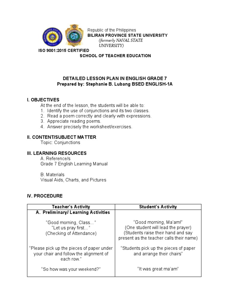 Detailed Lesson Plan in English 7 (Midterm Exam) | Download Free PDF | Language Mechanics | Grammar