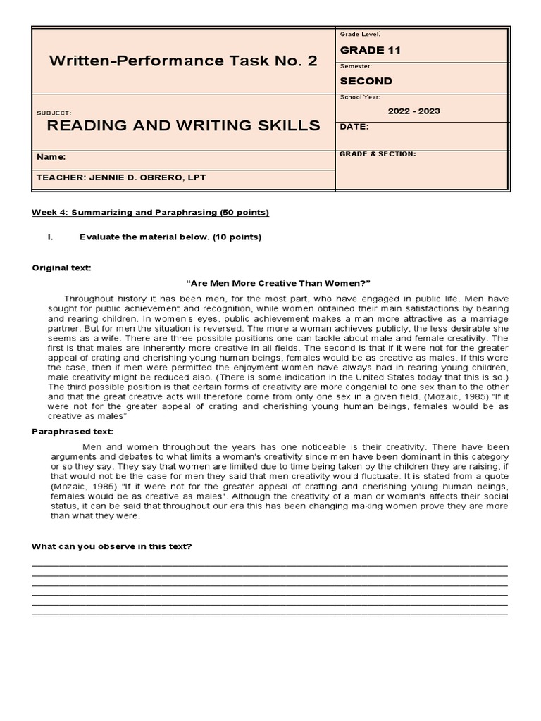 RAWS Written Performance Task No. 2 Template | PDF | Family ...