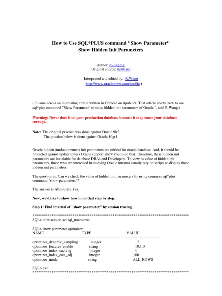 How To Use Sql Plus Command Show Parameter Show Hidden Init Parameters Pdf Boolean Data 6923