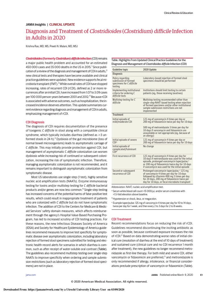 Diagnosis and Treatment of Clostridioides (Clostridium) Difficile Infection in Adults in 2020 ...