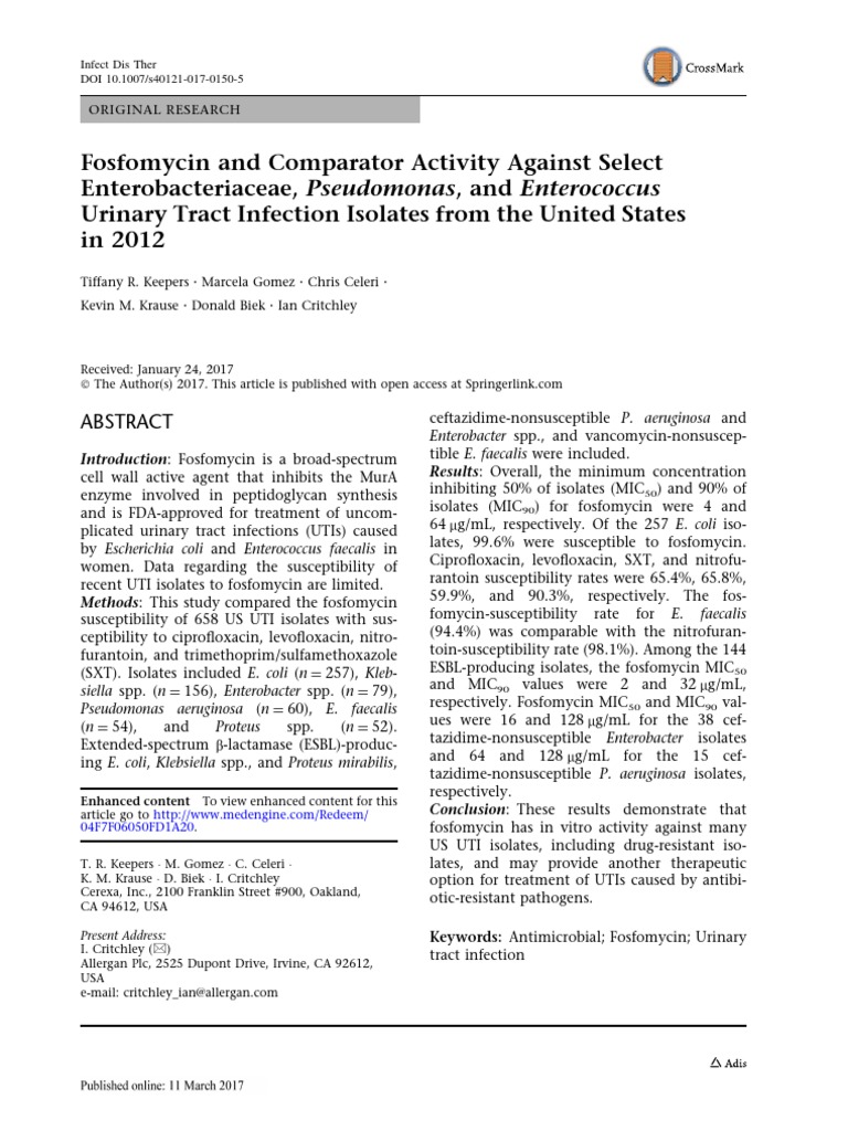 Fosfomycin And Comparator Activity Against Select Enterobacteriaceae