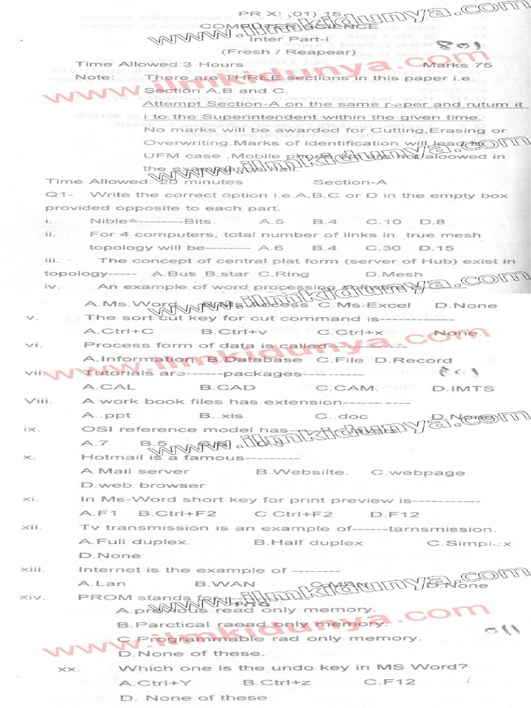 Past Papers 2015 Mardan Board FSC Part 1 Computer Science English Version | PDF