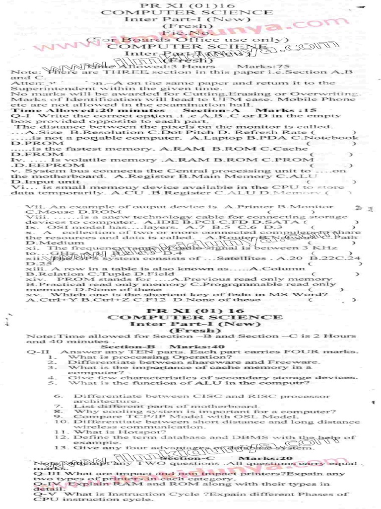 Past Papers 2016 Mardan Board FSC Part 1 Computer Science English ...