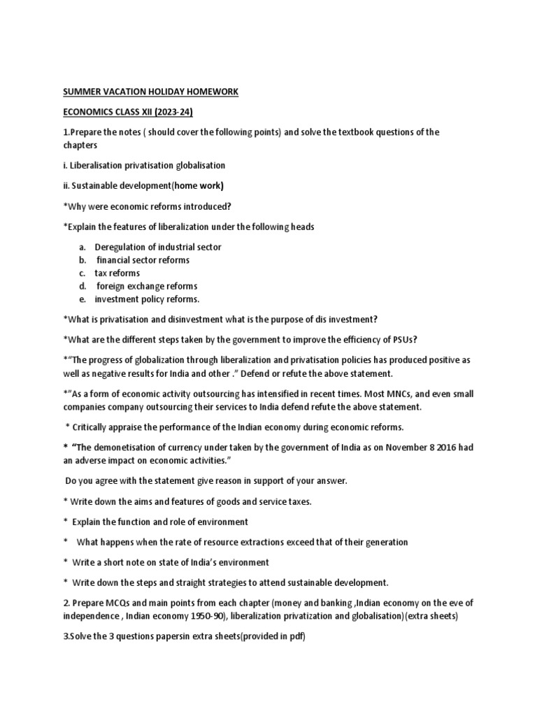 Holiday Homework Class XII | PDF