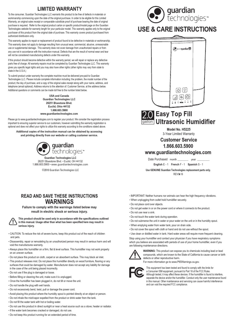 PureGuardian H5225 Humidifier Manual | PDF | Humidity
