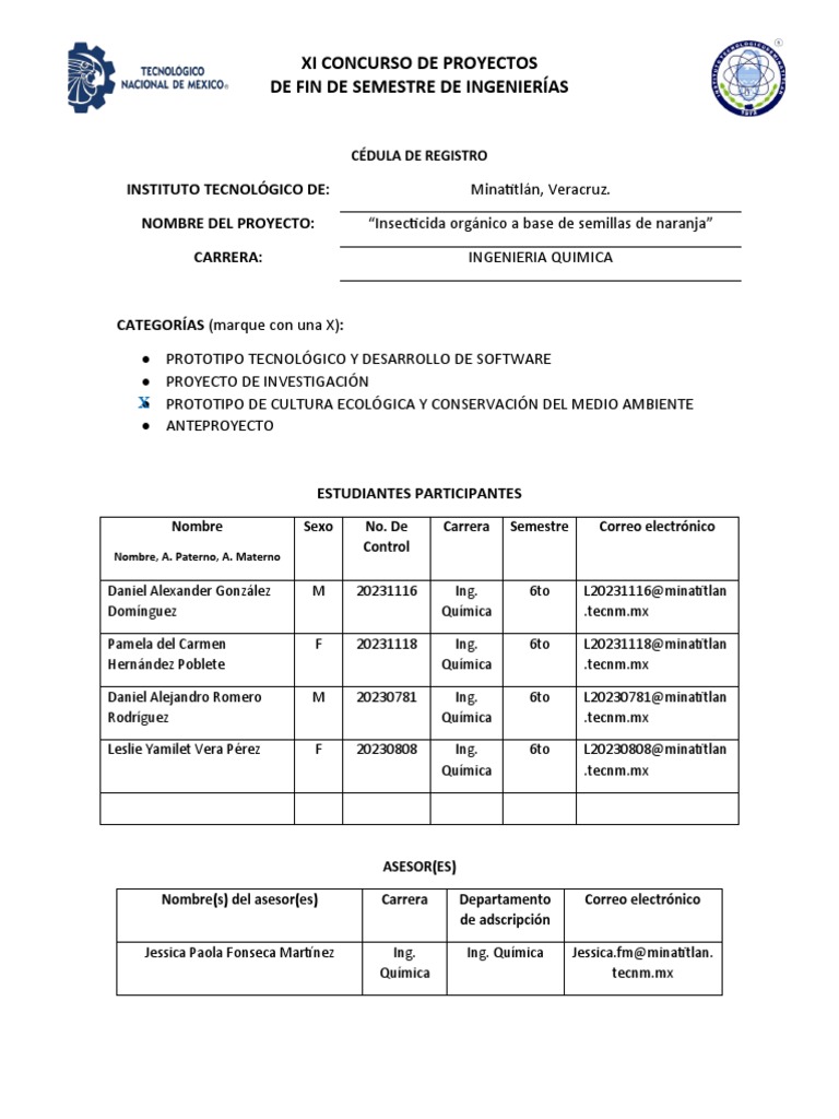 Cedula Registro-De-Proyecto Fin de Semestre 2023-1 | PDF | Insecticida | Ciencias fisicas