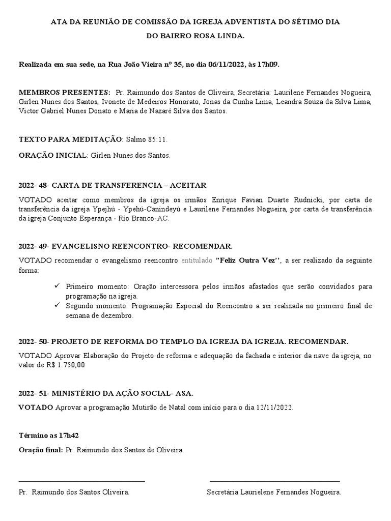 ATA DA REUNIÃO DE COMISSÃO DA IGREJA ADVENTISTA DO SÉTIMO DIA DO BAIRRO ... ATA DA REUNIÃO DE COMISSÃO DA IGREJA ADVENTISTA DO SÉTIMO DIA DO BAIRRO ...