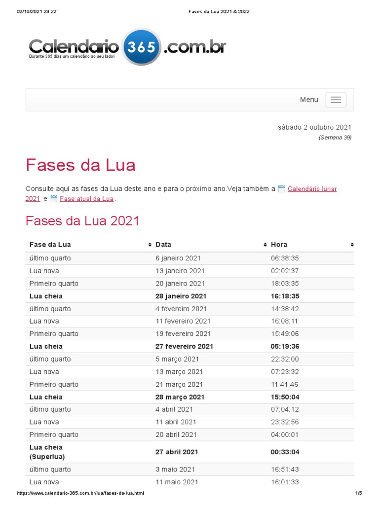 Fases Da Lua 2021 & 2024 | PDF | Lua | Calendário